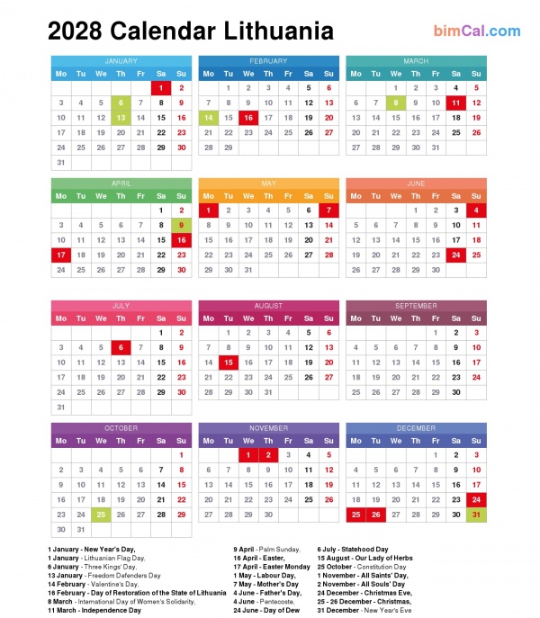 2028 Calendar Lithuania - public holidays and observances in Lithuania