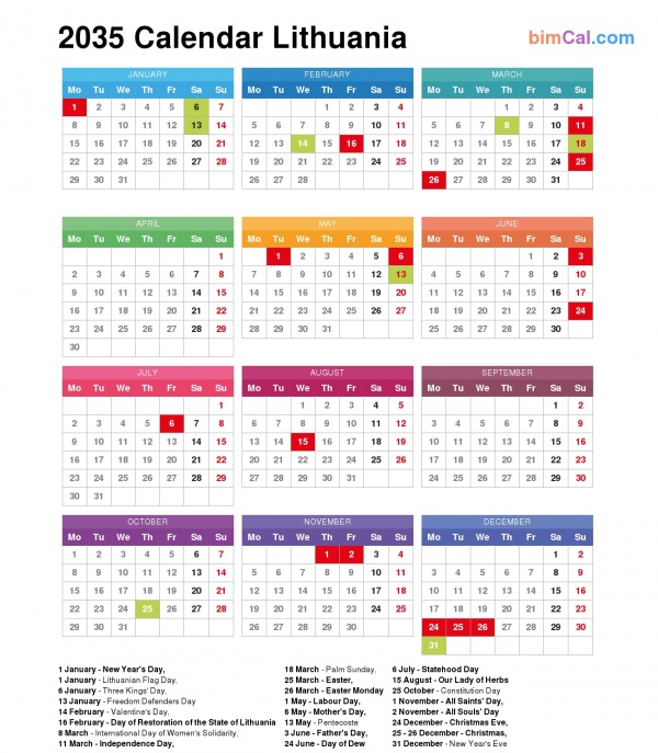 2035 Calendar Lithuania - public holidays and observances in Lithuania